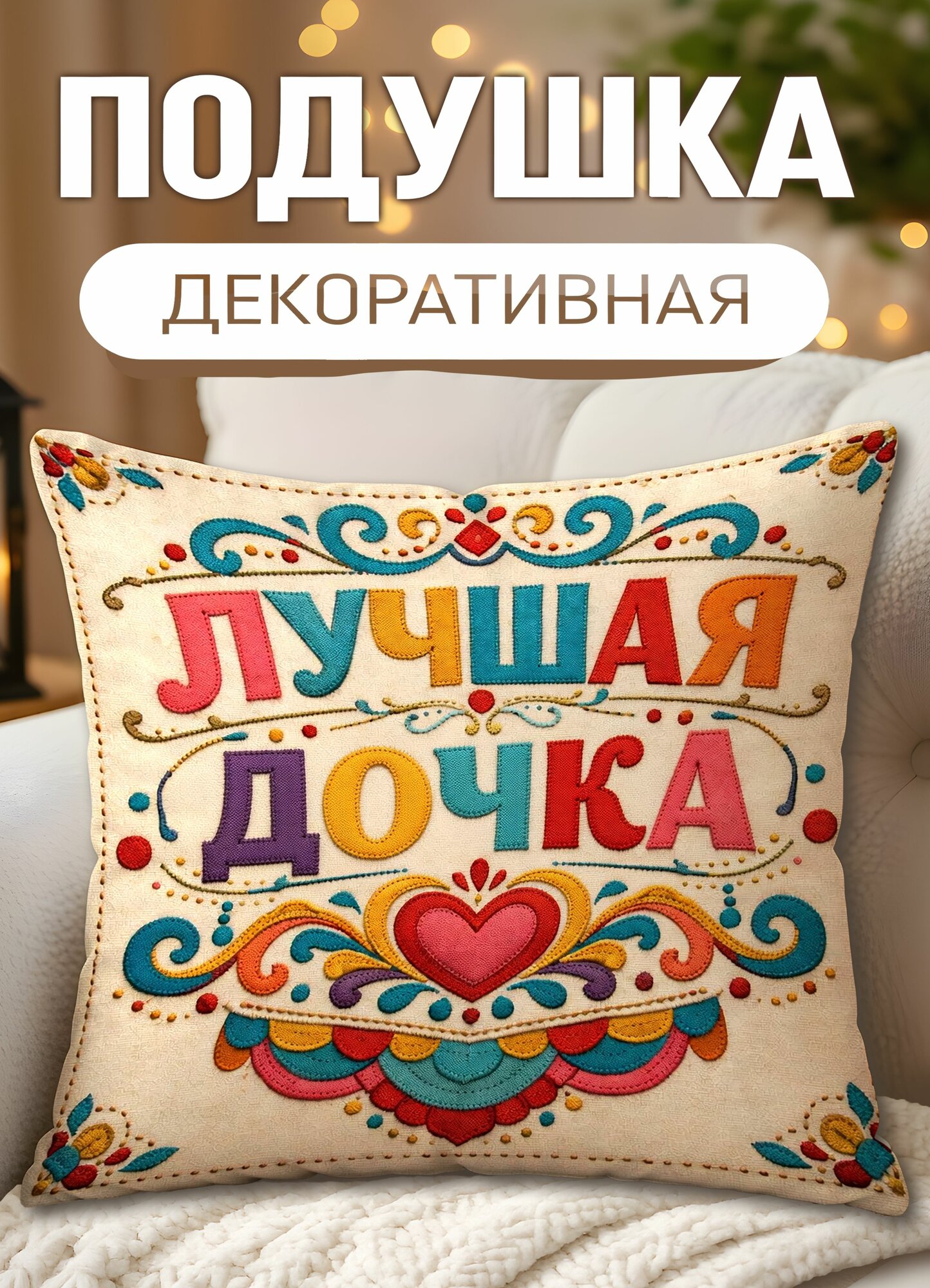 Подушка декоративная с принтом Вышито из лоскутков Лучшая дочка, размеры 40 х 40 см, 1 шт.