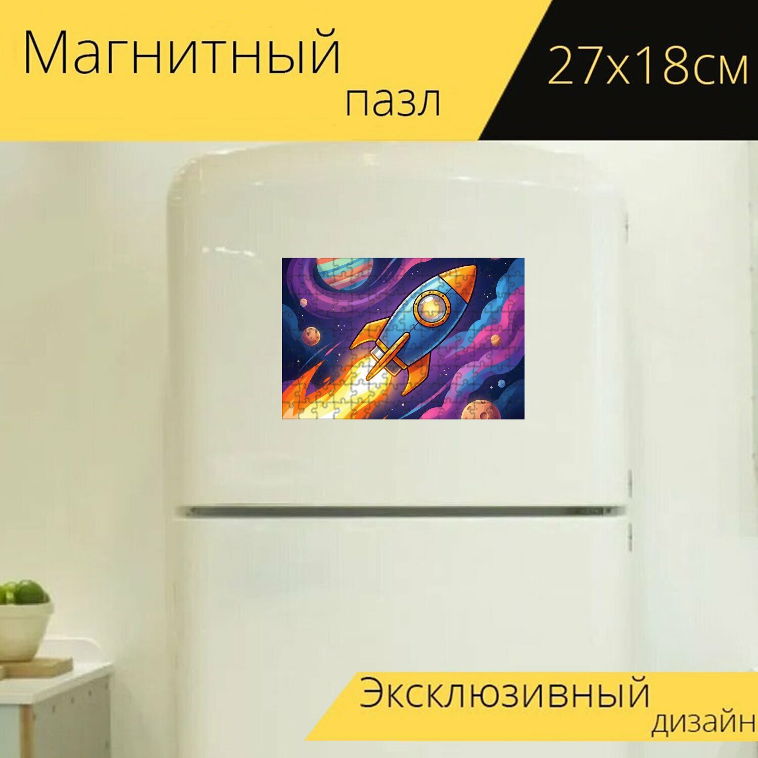Магнитный пазл "Ракета в космическом полете. Яркая мультяшная сцена межзвездного путешествия: синяя ракета с оранжевыми деталями летит среди планет." на холодильник 27 x 18 см.