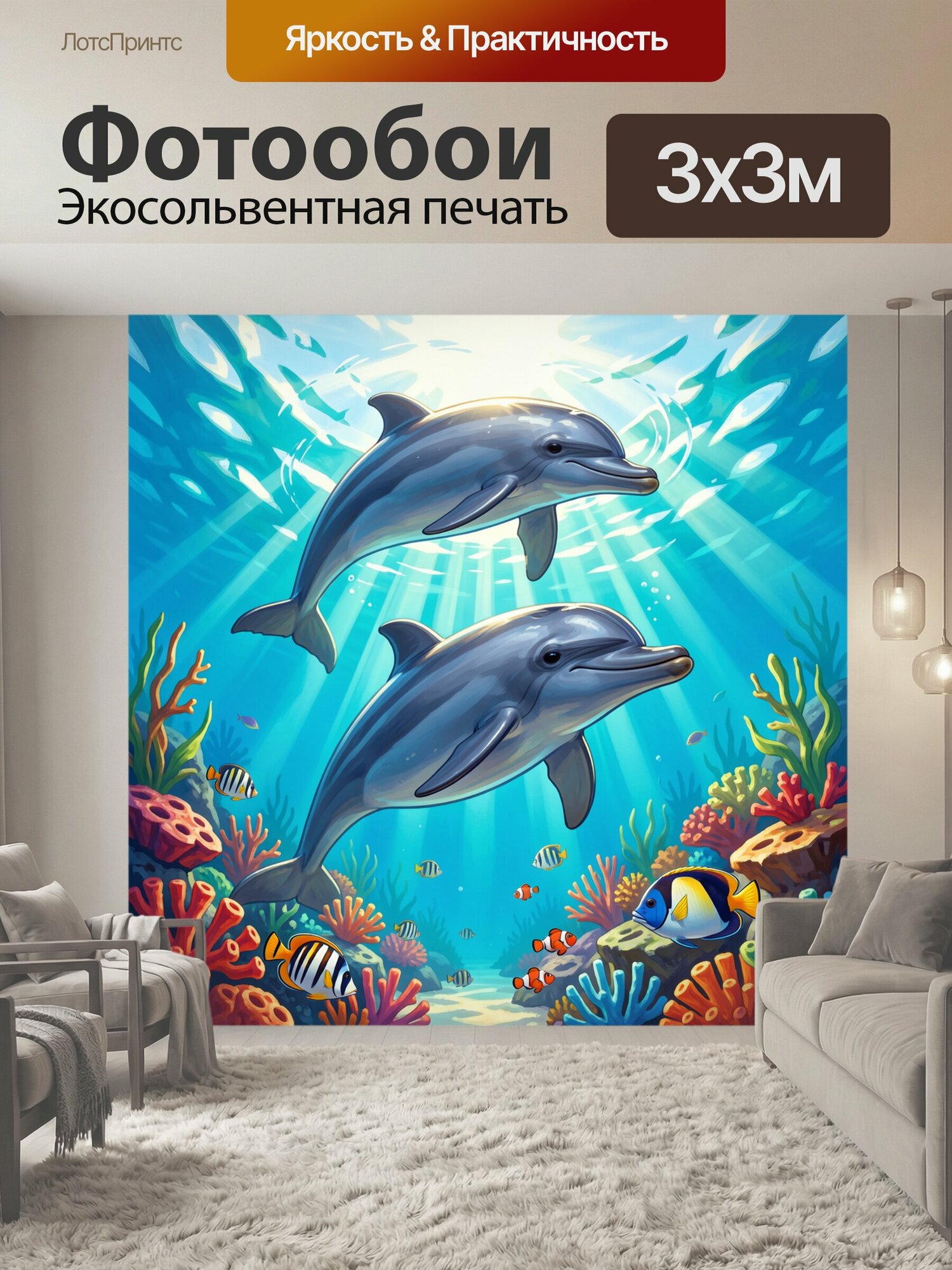 Фотообои "Дельфины в подводном рифе. Яркая морская сцена в мультяшной стилистике: два дельфина плывут среди кораллов, тропических рыб и." 300x300 см. экосольвентная печать