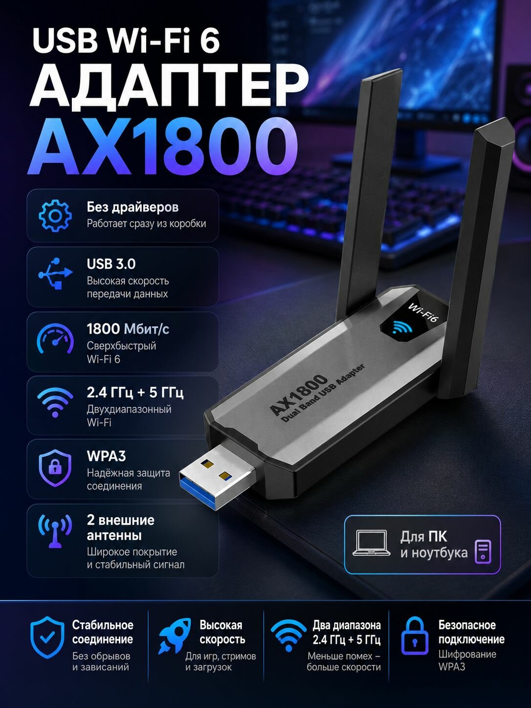 Беспроводной USB 3.0 адаптер 1800Mbps, двухдиапазонный (5G/2.4G), без драйверов Plug&Play, скоростной Wi-Fi приёмник и передатчик для ПК