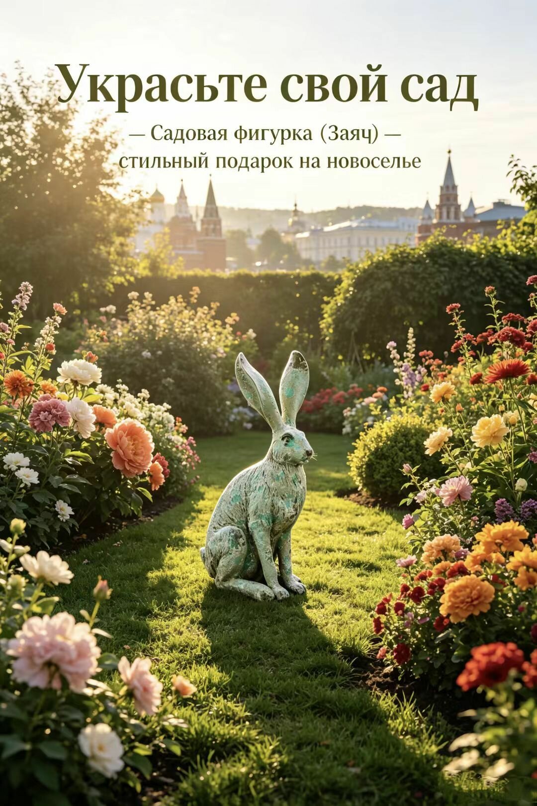 Садовая фигура Заяц из полистоуна, 36 см, серозелёный с эффектом патины декор для дачи, сада и ландшафтного дизайна, морозостойкий, лёгкий и прочный