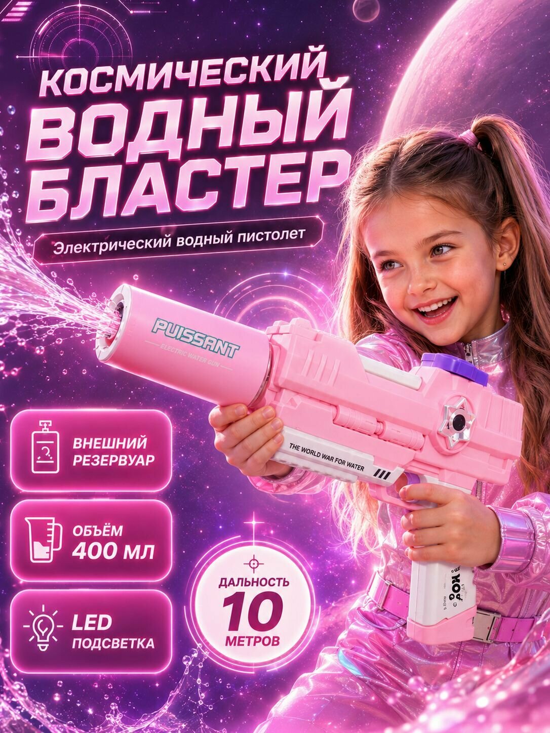 Водяной пистолет электрический , водный бластер с LED, автоматическая стрельба, водный автомат10 м, пистолет для детей, бластер для детей 3+
