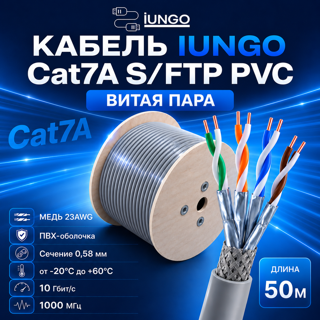 Кабель iungo Cat7A S/FTP 4x2x0.560мм LSZH, 50 метров, Zhaolong