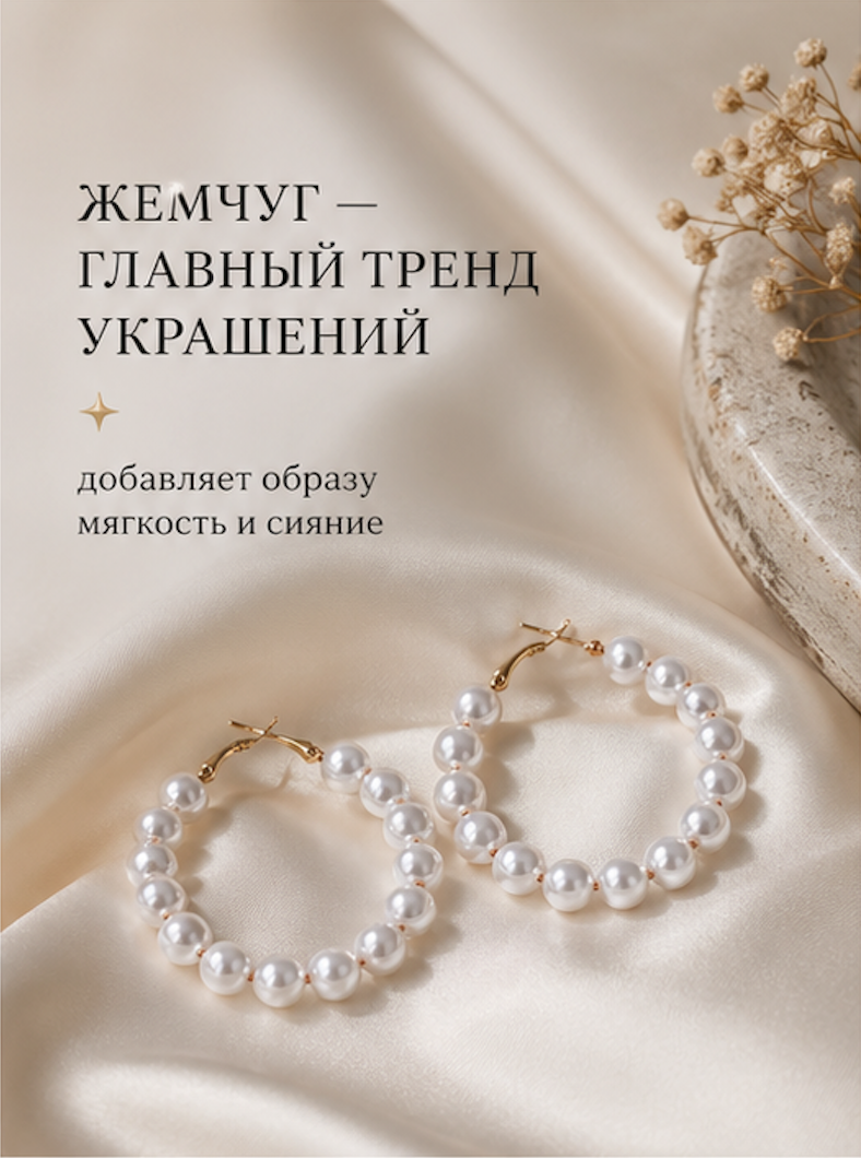 Серьги конго Jasmine House, размер 45 мм, белый/золотистый — фото 1