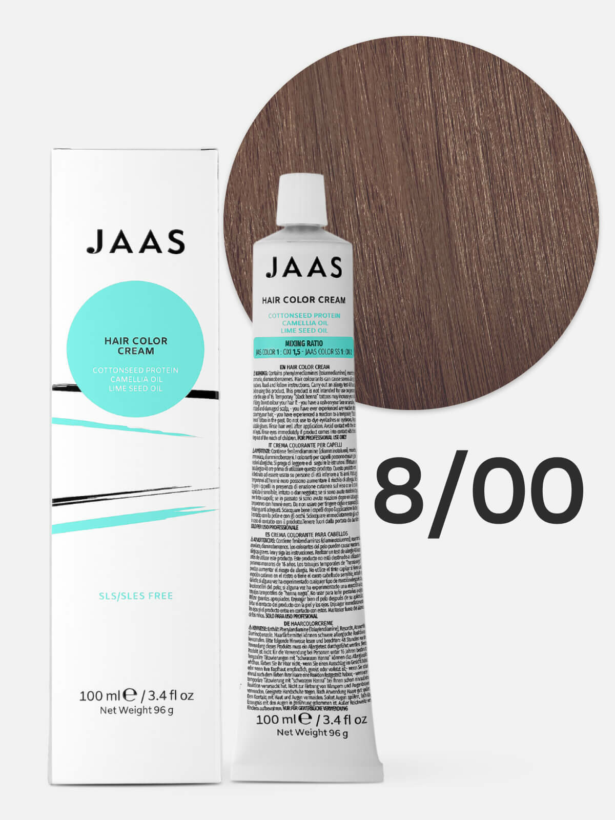Крем - краска для волос профессиональная Jaas 8/00 Светлый русый Интенсивный натуральный , 100 мл