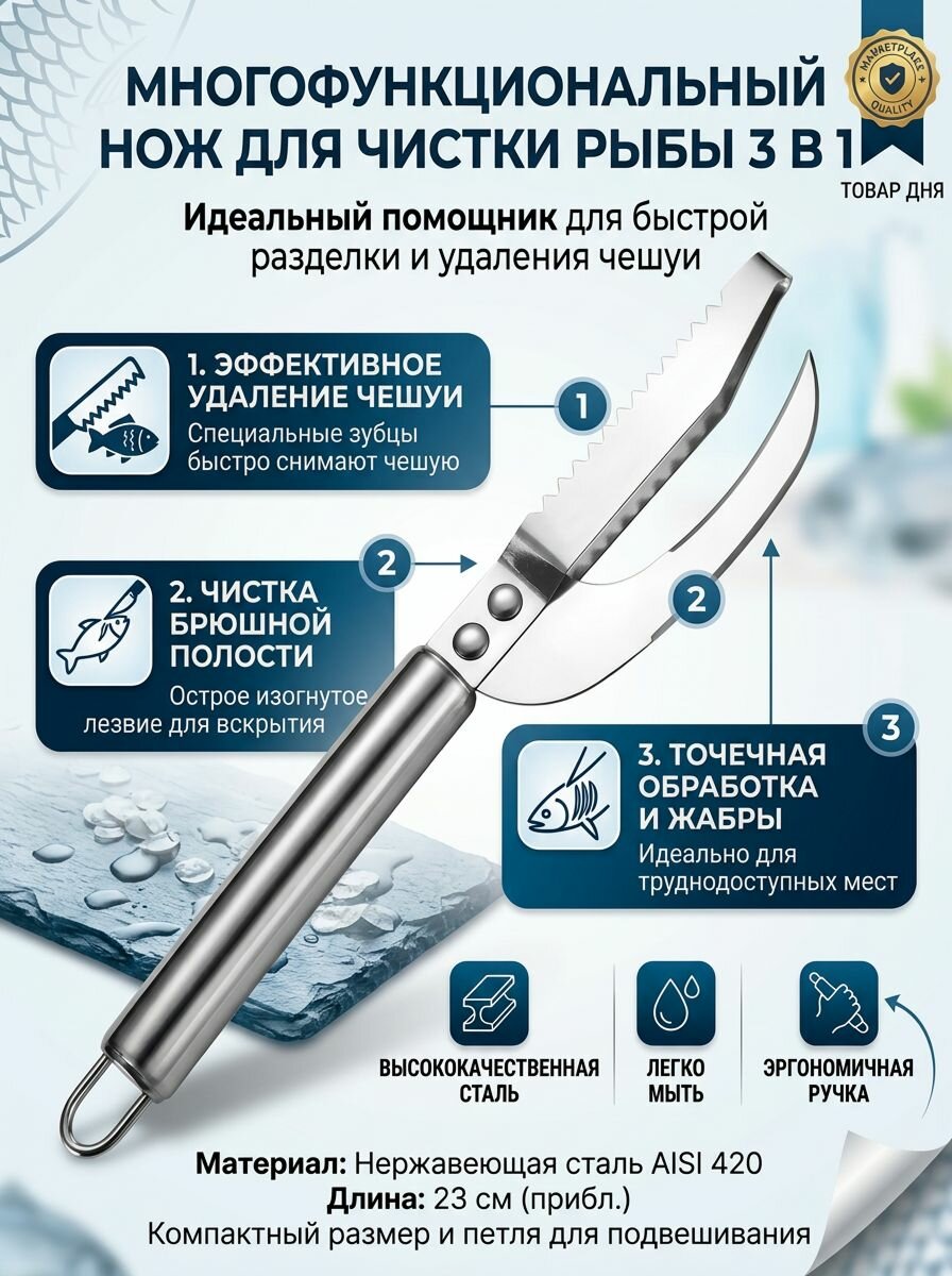 Новое средство для удаления рыбьей чешуи "три в одном"