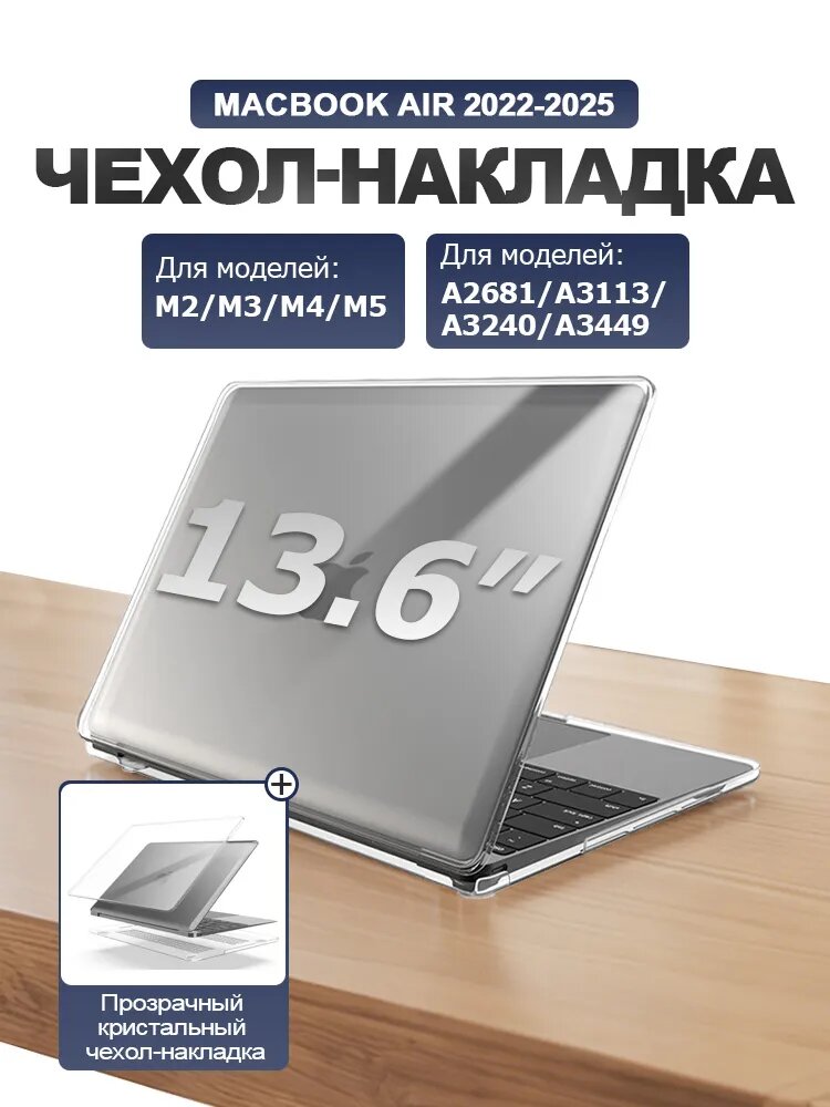 Чехол для MacBook Air 13.6 M2 M3 M4 M5/ Накладка пластиковая для Макбук Аир 13.6 2022, 2024, 2025 (A2681, A3113, A3240, A3449), Цвет: Прозрачный