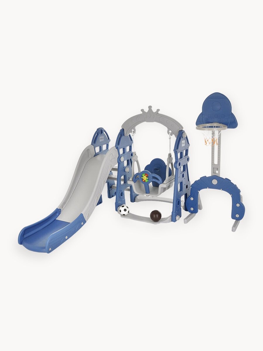 Горка с качелями детская с баскетбольным кольцом и воротами Pituso Замок Синий/серый