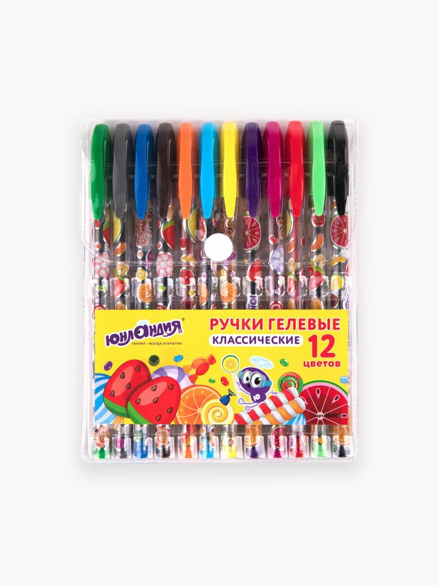Ручки гелевые цветные Юнландия набор 12 шт, ассорт, узел 0,5 мм, линия 0,35 мм, 142800