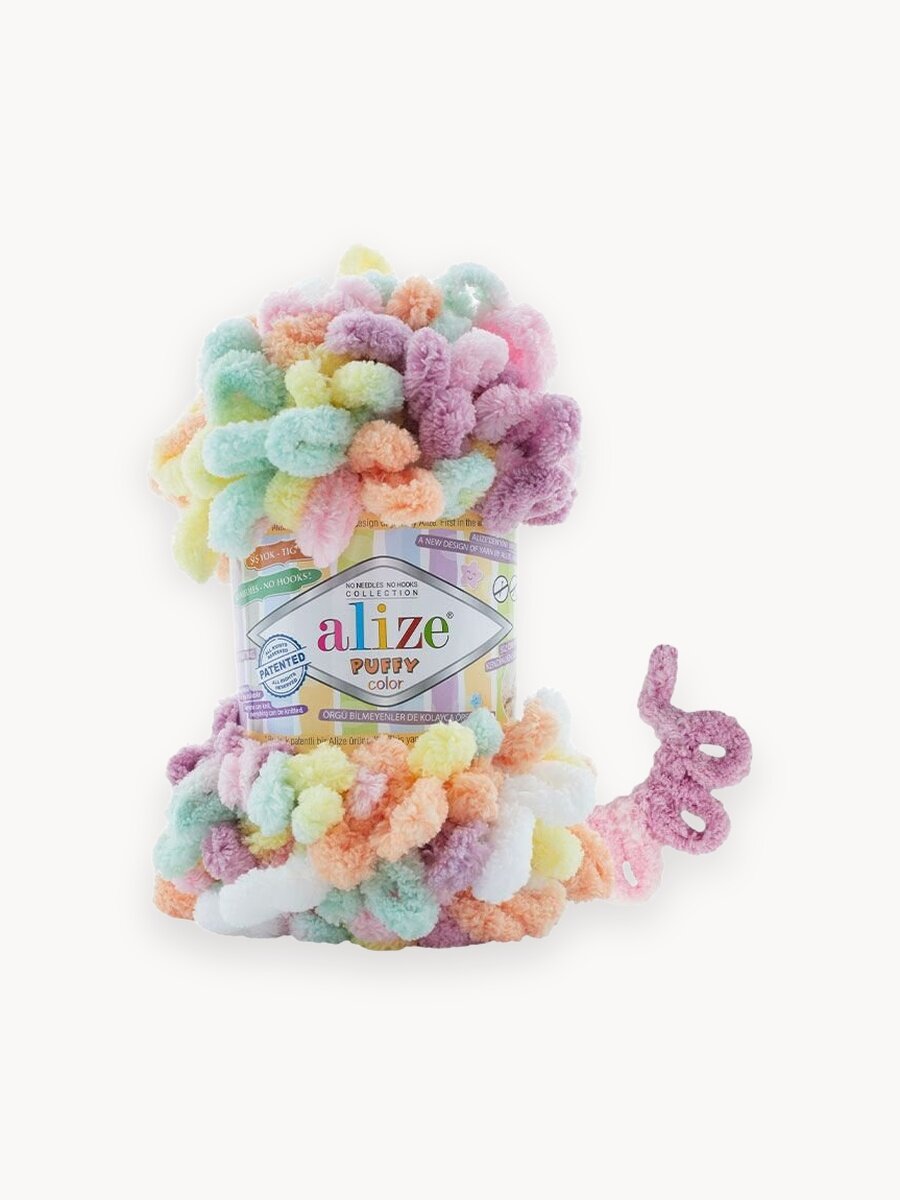 Пряжа Alize Puffy color, 5 мотков, цвет 6527 мята-персик-желтый-белый-розовый / Пряжа Пуффи колор Ализе, 5 мотков