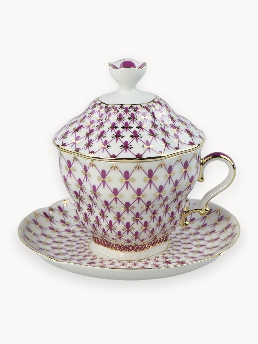 Чайный набор 250 мл. Чайная пара с крышкой. Форма "Подарочная-2". Рисунок "Сетка-Блюз". Твердый фарфор. Императорский фарфоровый завод ИФЗ ЛФЗ.