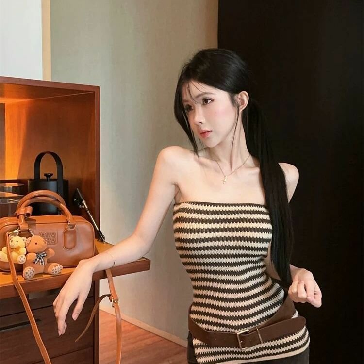 Острый сексуальный топ с открытыми плечами, полосатый, с боковым разрезом, обтягивающий талию, прямой, облегающий, без рукавов, с поясом