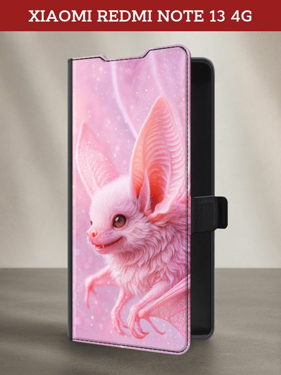 Чехол-книжка на Xiaomi Redmi Note 13 4G (Global) / Сяоми Редми Нот 13 4G с принтом Розовая летучая мышь, черный