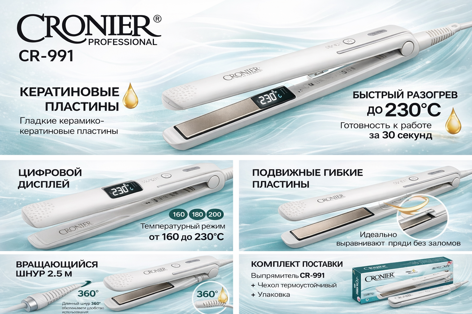 Профессиональный выпрямитель для волос Cronier CR-991 с кератиновыми пластинами и дисплеем