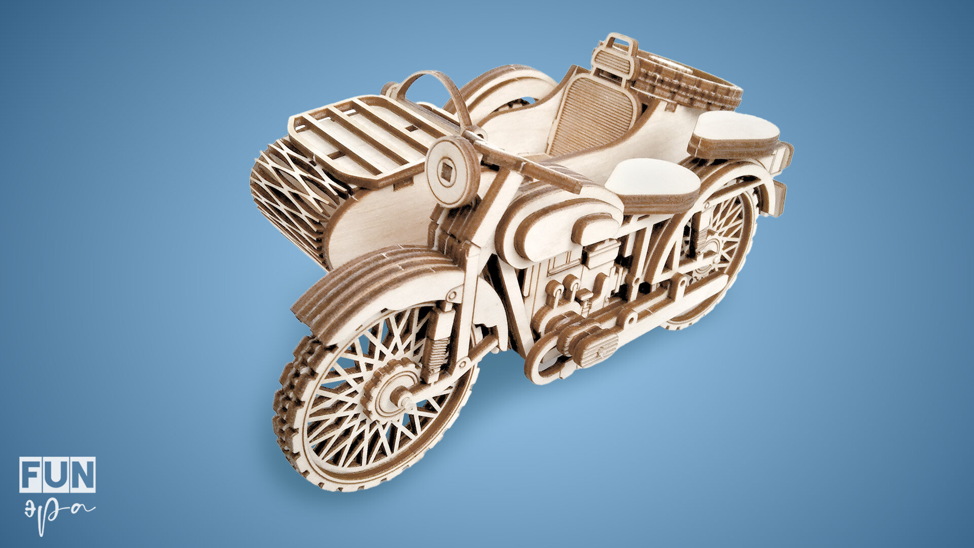 Деревянный конструктор Сборная модель Мотоцикл урал с коляской - 18х10х8,5 см