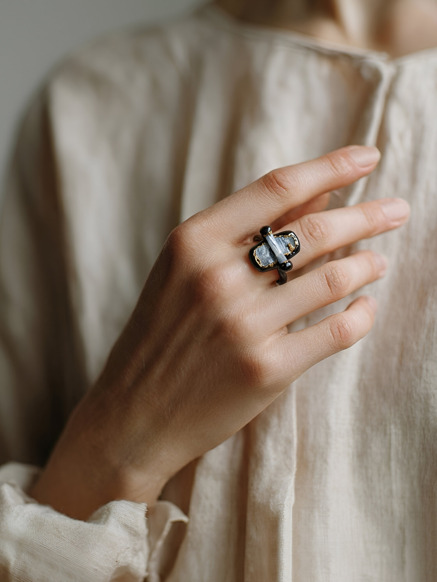 Перстень, серебро, 925 проба, золочение, кианит