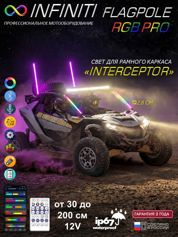 Флагштоки RGB PRO (интерцептор) для каркаса рамы на квадроцикл, багги (2 шт.)