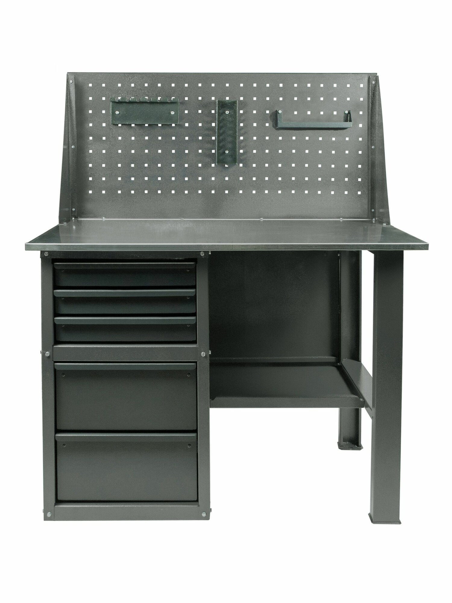 Верстак слесарный (столярный стол) металлический с тумбой на 5 ящиков, серый, 118х70х87 см, ОСБ+сталь