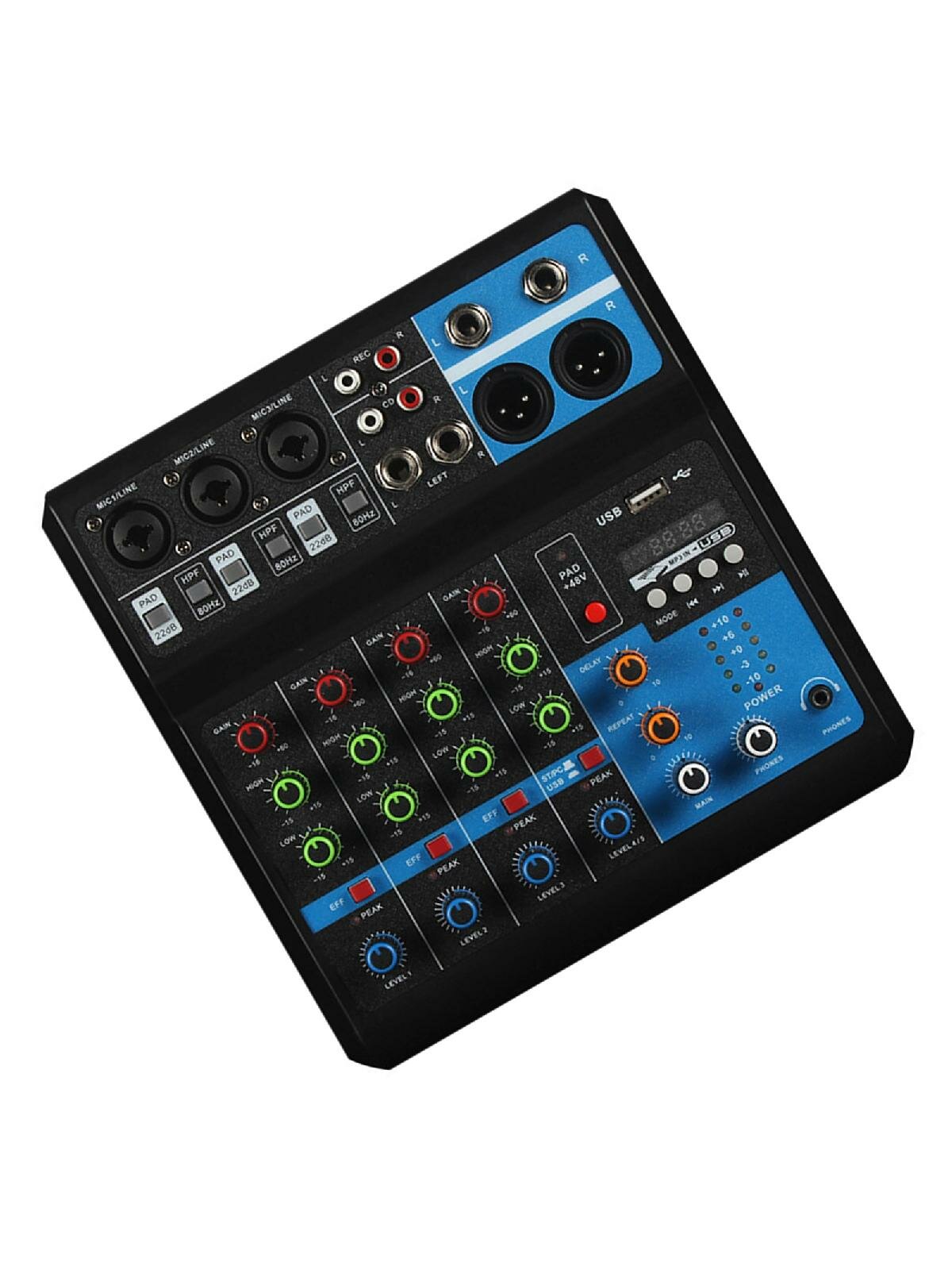 4-канальный DJ-микшер с Bluetooth-совместимыми разъемами, компьютерными интерфейсами USB и звуком