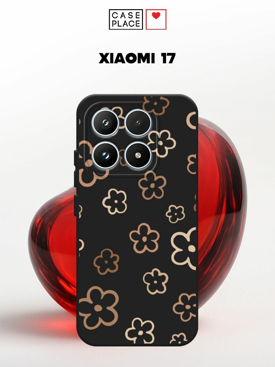 Черный матовый чехол на Xiaomi 17 / Сяоми 17 с принтом Цветы контур