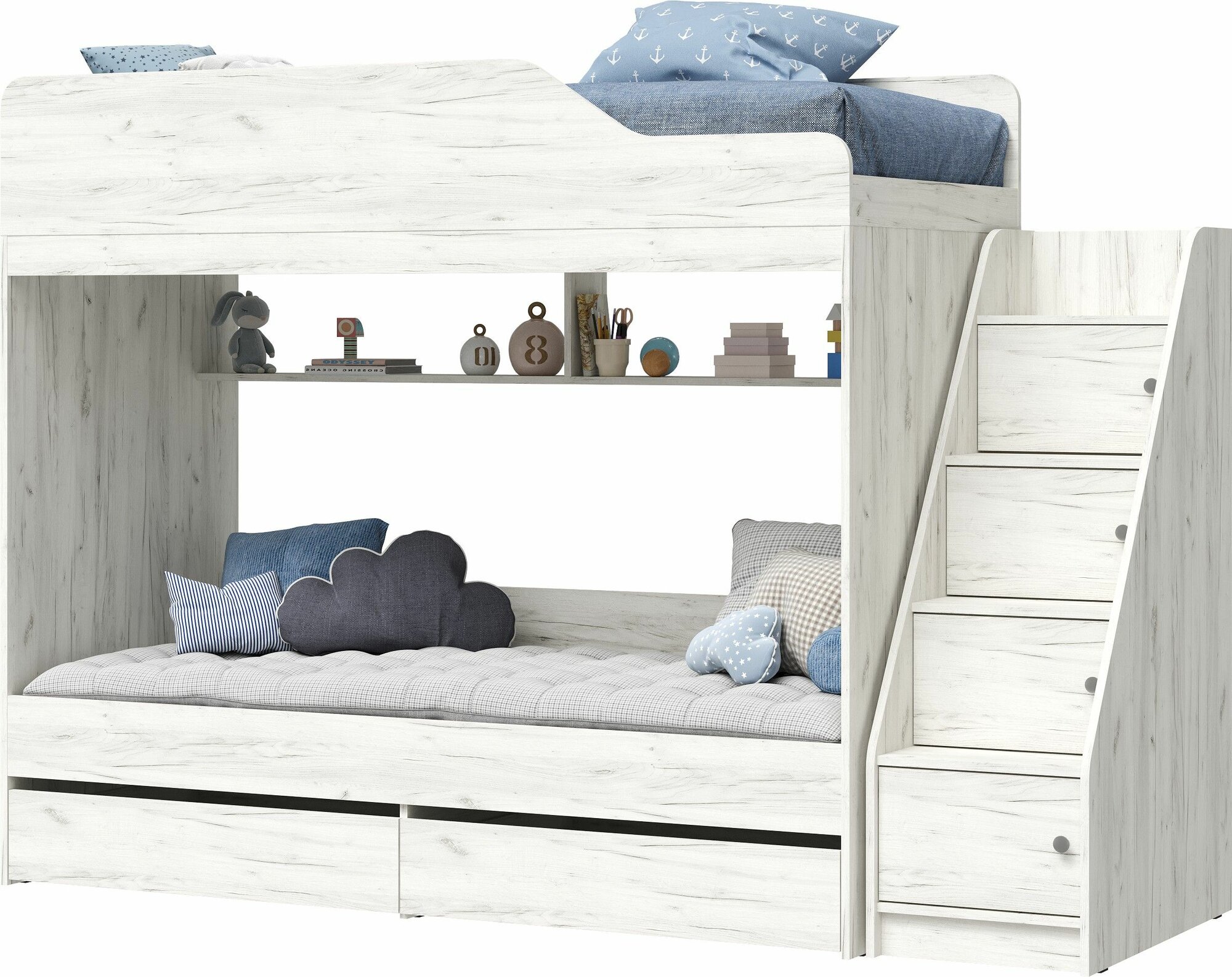 Кровать двухъярусная с лестницей и ящиком для белья, 226x161x84.4 см, Гранд