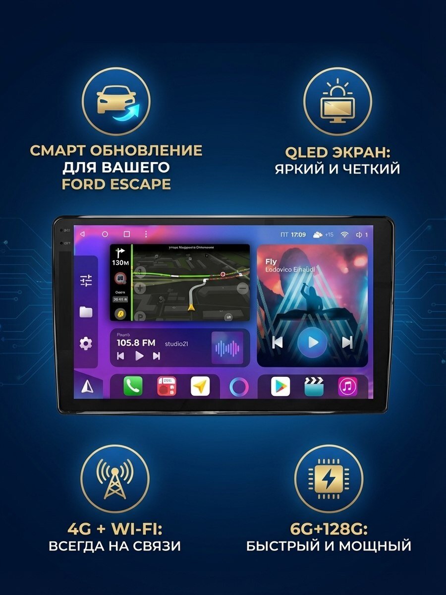 Штатная магнитола Форд Эскейп (Ford Escape) 2000-2007 на Android 14, WiFi + 4G, CarPlay