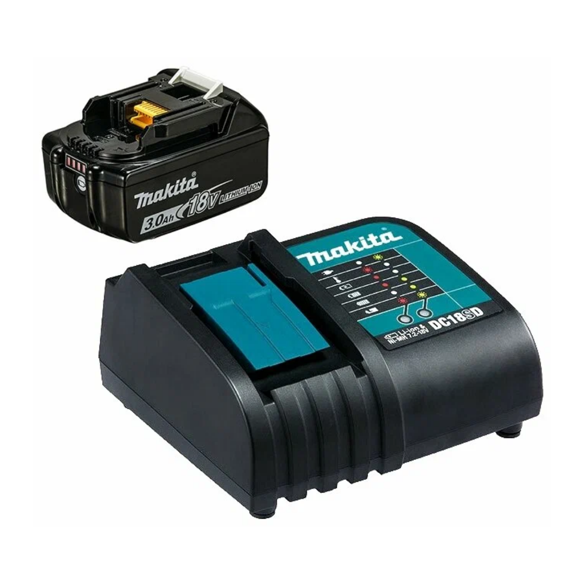 Аккумулятор Makita 191A23-6 черно-синий, аккумулятор BL1830B и зарядное устройство DC18SD