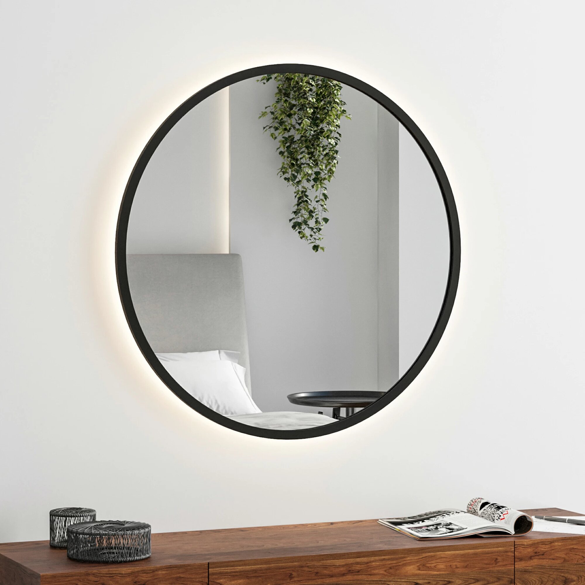 Круглое зеркало с подсветкой в черной МДФ раме 110x110 см