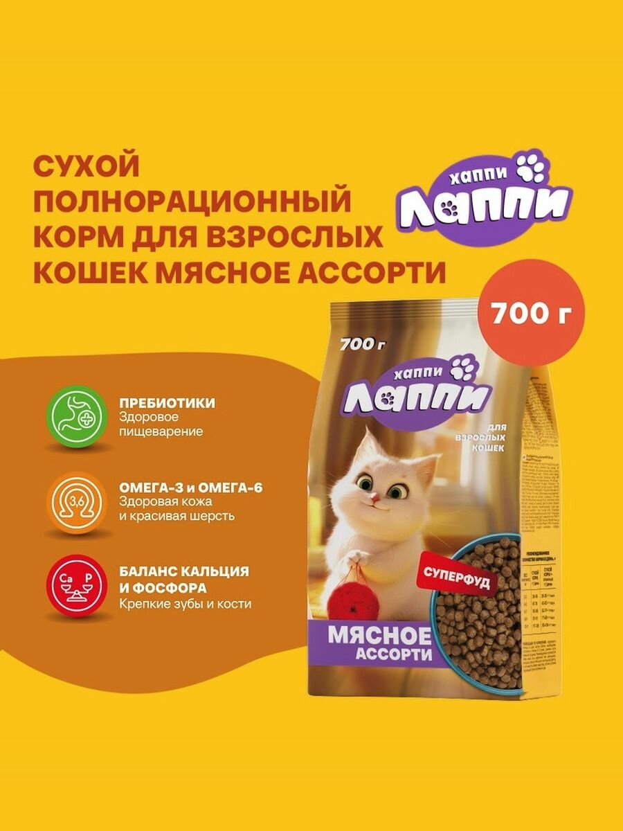 Сухой полнорационный корм для взрослых кошек мясное ассорти ТМ Хаппи Лаппи 0,7 кг
