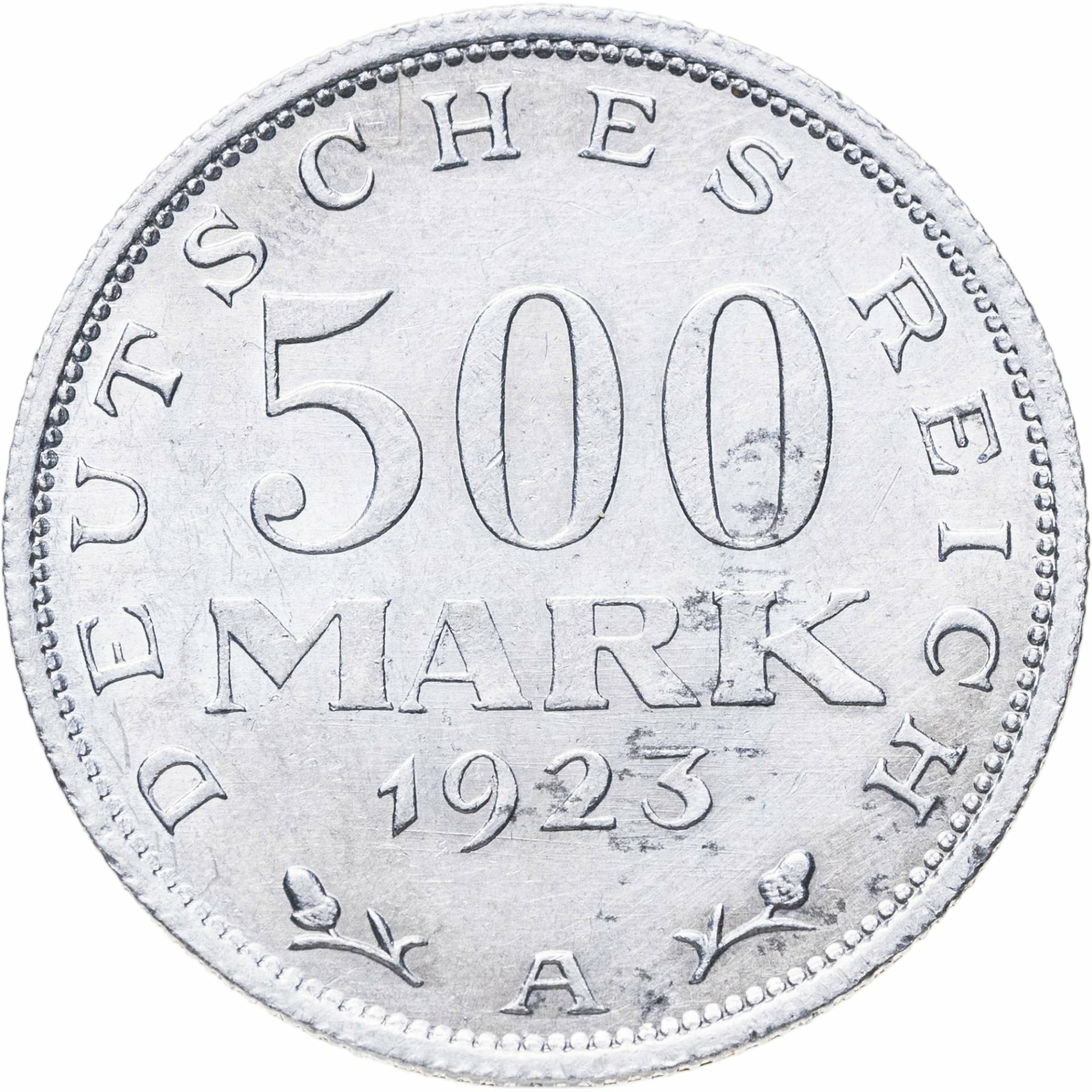 Германия 500 марок mark 1923, знак монетного двора "A" — Берлин, Алюминий, в сохранности XF