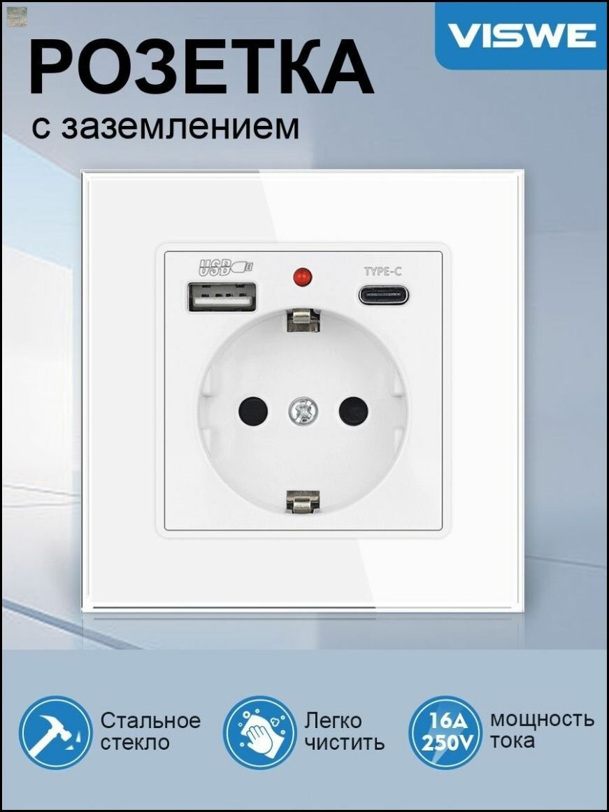 Эксклюзивная белоснежная розетка со стеклянной рамкой, оснащенная портами USB и TypeC