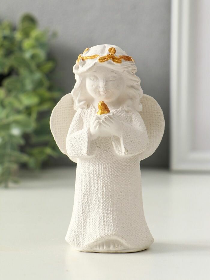 Фигурка гипс Ангел с птицей , 11 7 4 см, белый с позолотой