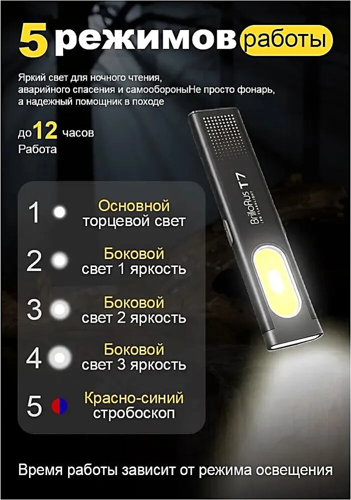 Фонарь ручной BrilloRus T7 LED FLASHLIGHT, 5 режимов освещения, 450 люмен, 12 часов работы, регулировка яркости и цветов — фото 1