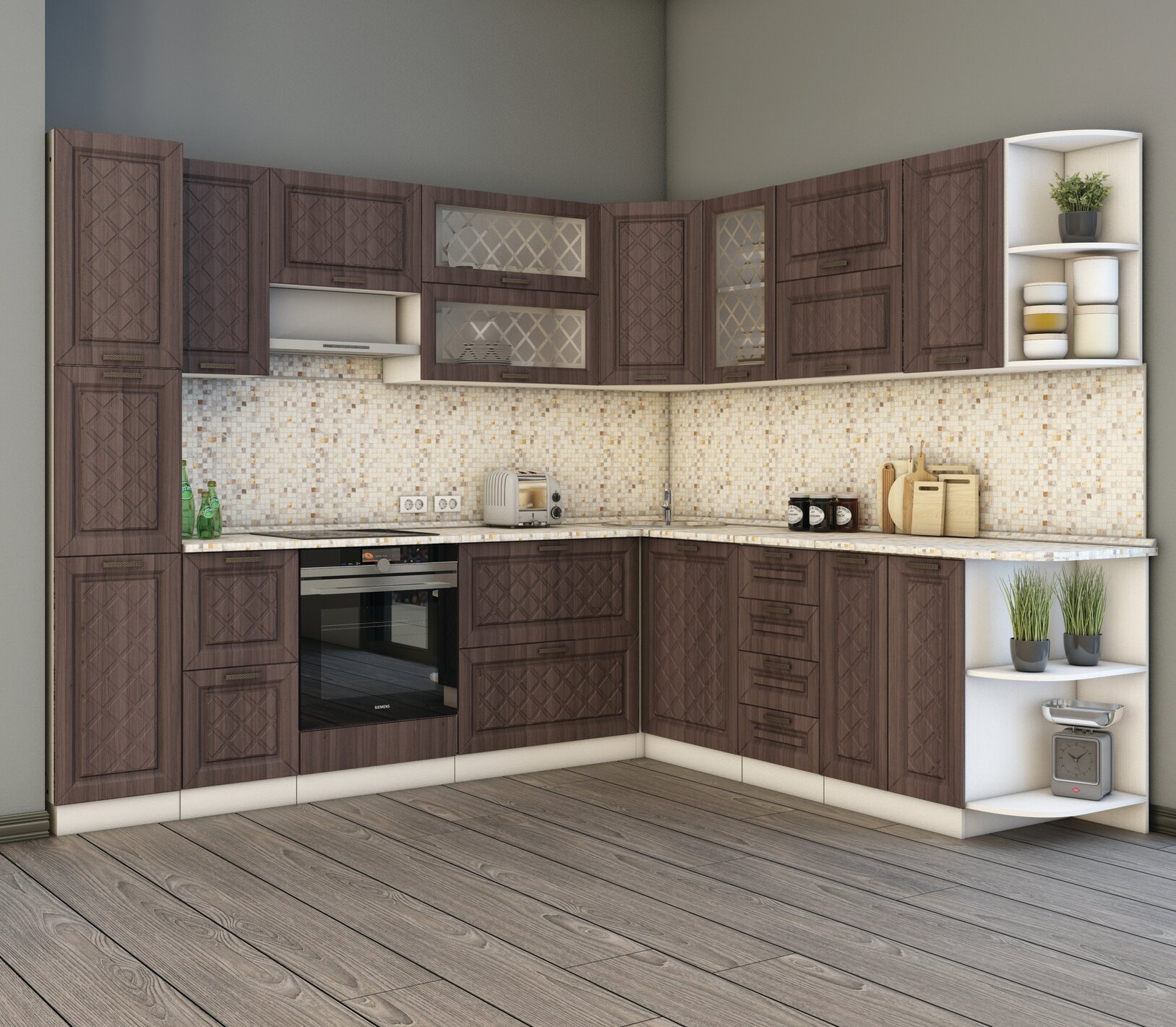 Кухонный гарнитур, кухня угловая 2,8 X 2.29 метра Агава Лиственница тёмная