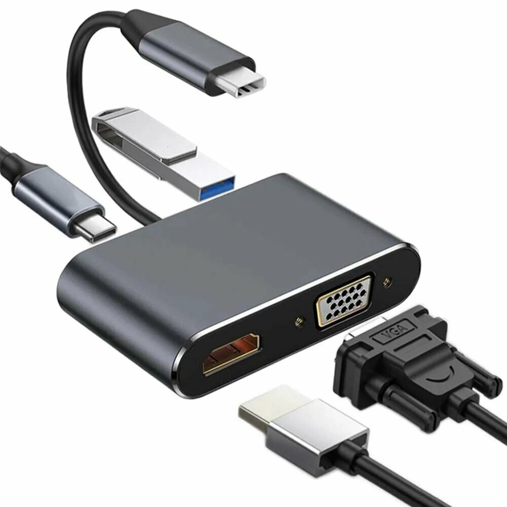 4-в-1 USB-C хаба: адаптер с HDMI 4K, VGA и 4 портами USB для ноутбука и смартфона