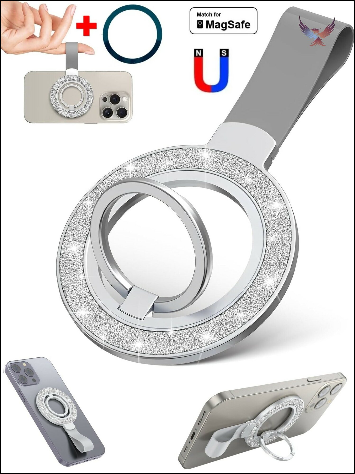Магнитное кольцо держатель Магсейф Glitter c силиконовым ремешком для iPhone Air, 12-17 cерий