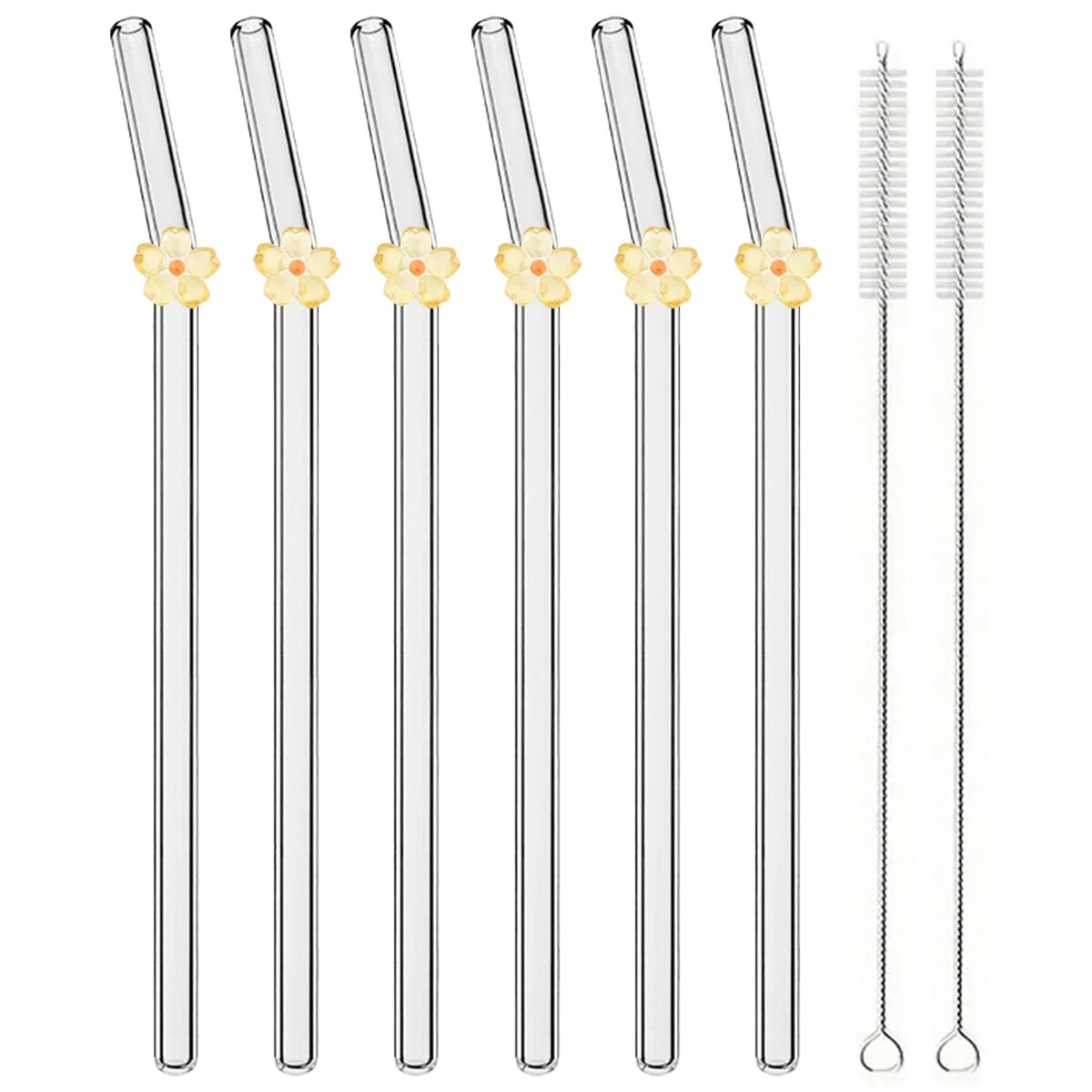 6pcs Стеклянные питьевые соломки цветочная согнутая соломка с щеткой.