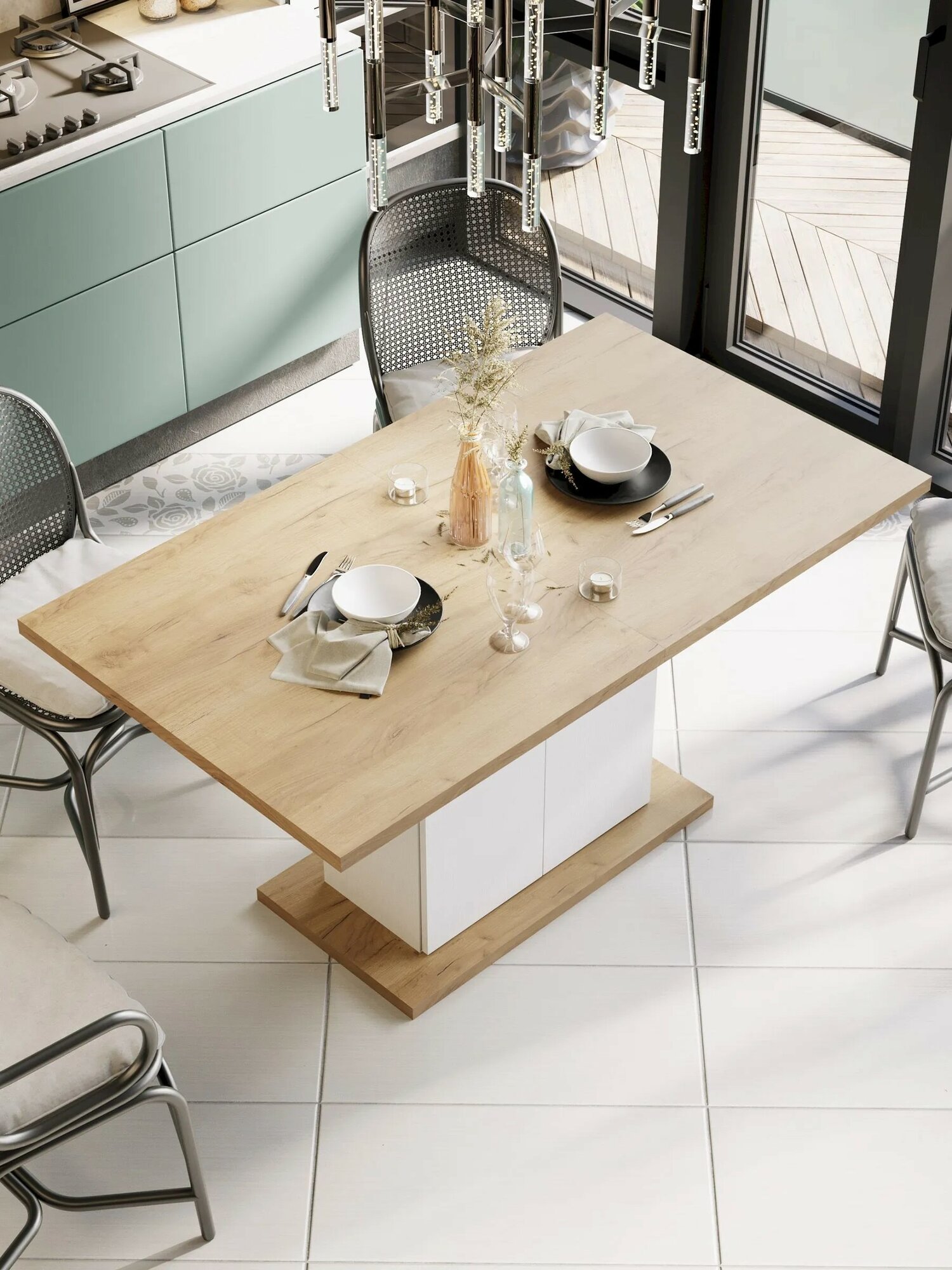 Раздвижной обеденный стол "Детройт тип 1", ЛДСП Белый, Дуб Крафт золотой