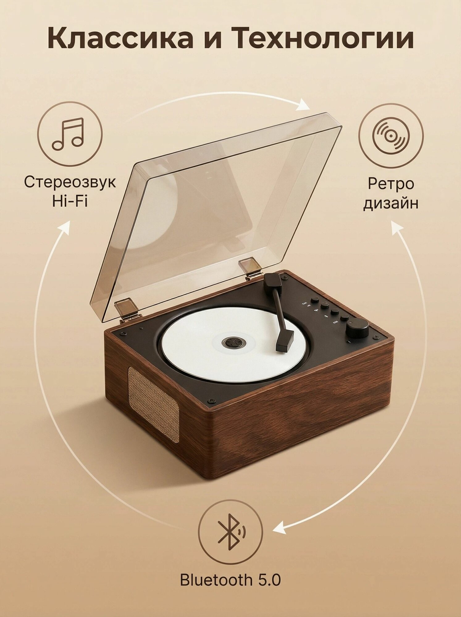 Портативный проигрыватель компакт-дисков, перезаряжаемый Bluetooth-совместимый музыкальный проигрыватель 5.0 с пультом дистанционного управления