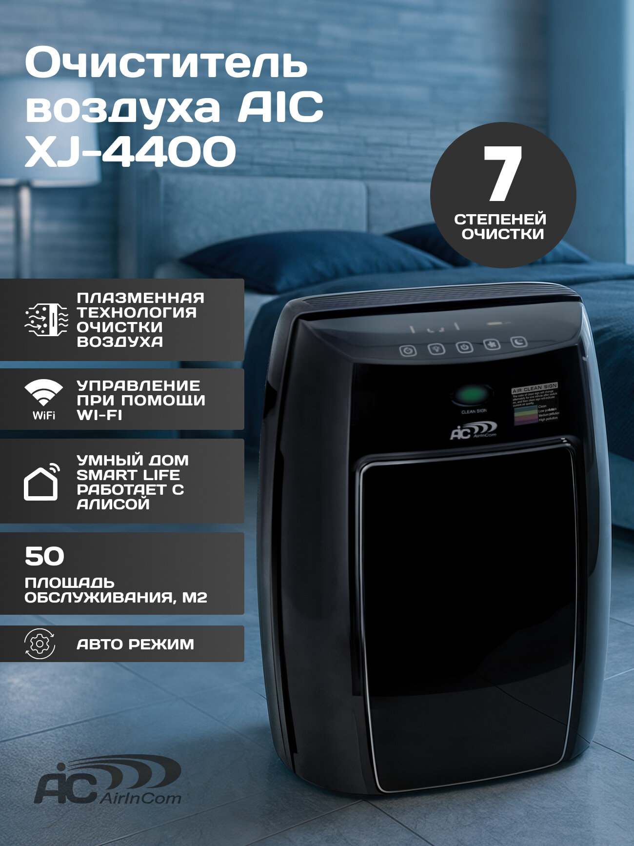 Очиститель воздуха AIC XJ-4400, HEPA, Уголь, Плазма, WI-FI, Ионизатор, Авторежим, черный