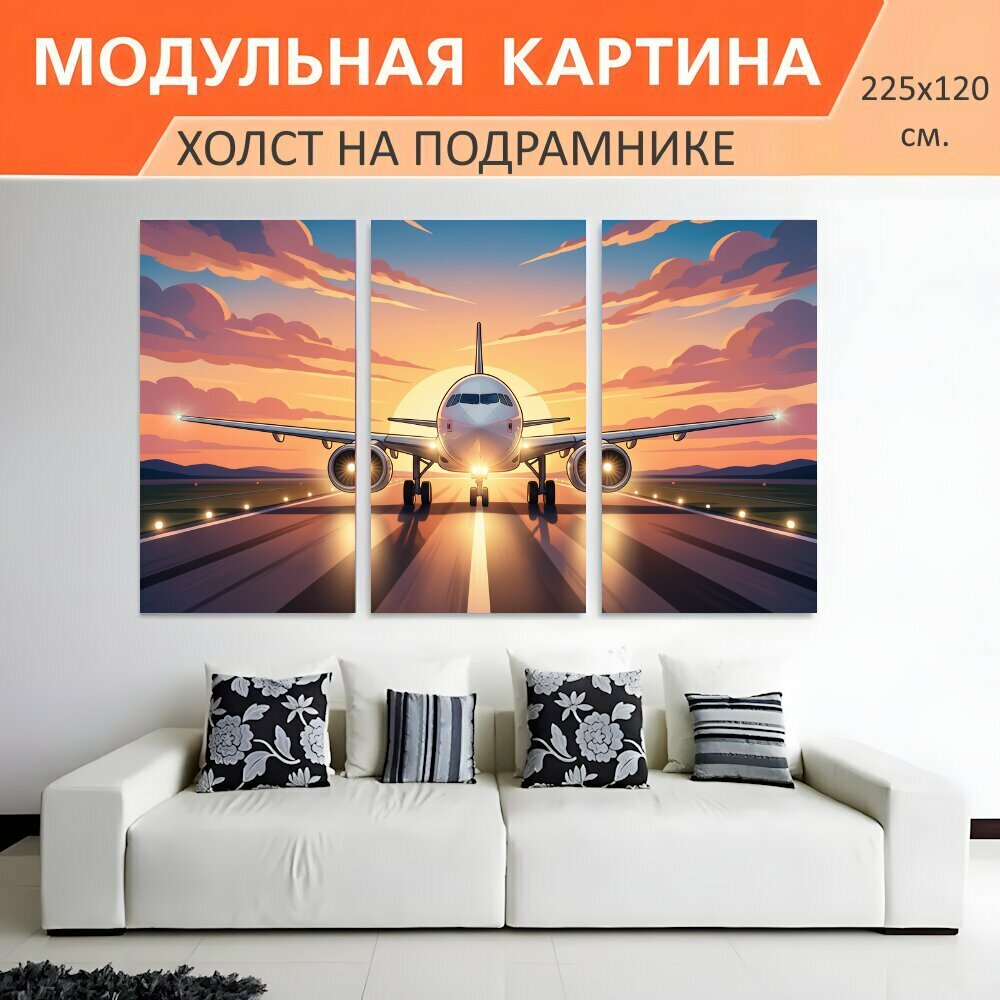 Модульная картина на холсте "Пассажирский самолет на взлетной полосе. Современный лайнер на аэродроме в лучах заката, яркое небо с." триптих на подрамнике 225х120 см. для интерьера