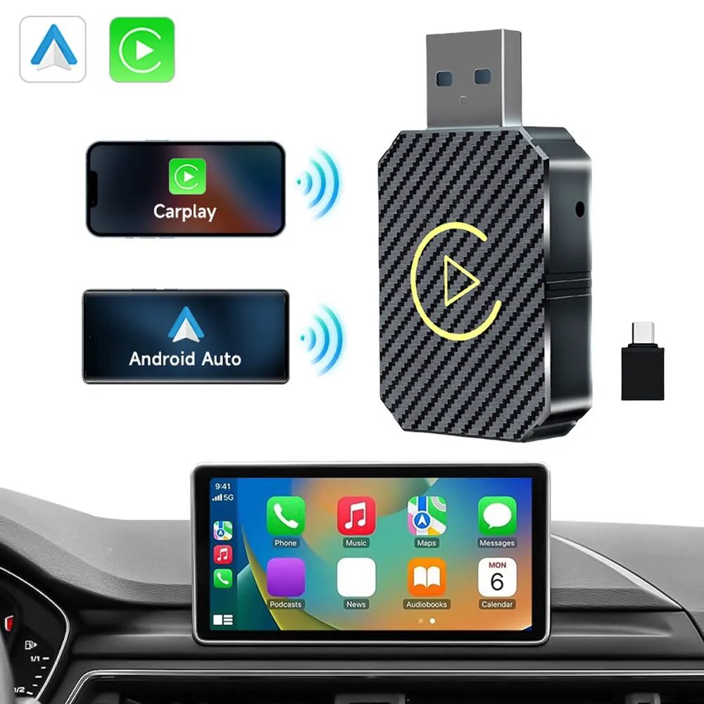 Беспроводной адаптер для CarPlay и Android Auto, поддержка Bluetooth 5.0, подключение через USB