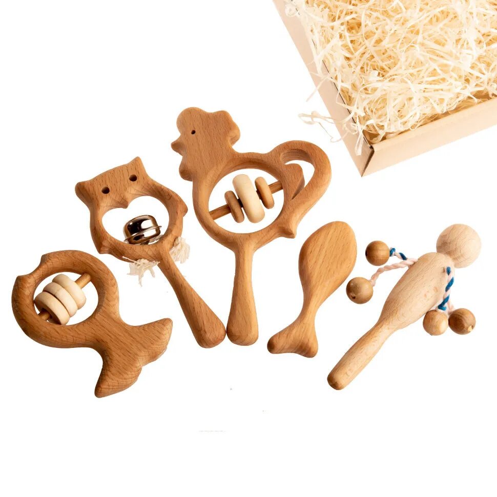 Подарочный набор погремушек и грызунков Леснушки / Погремушка грызунок прорезыватель из дерева для малышей / Деревянные развивающие игрушки в подарок для новорожденных 0+