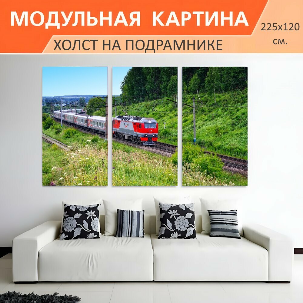 Модульная картина на холсте "Поезд, железная дорога, деревья" триптих на подрамнике 225х120 см. для интерьера