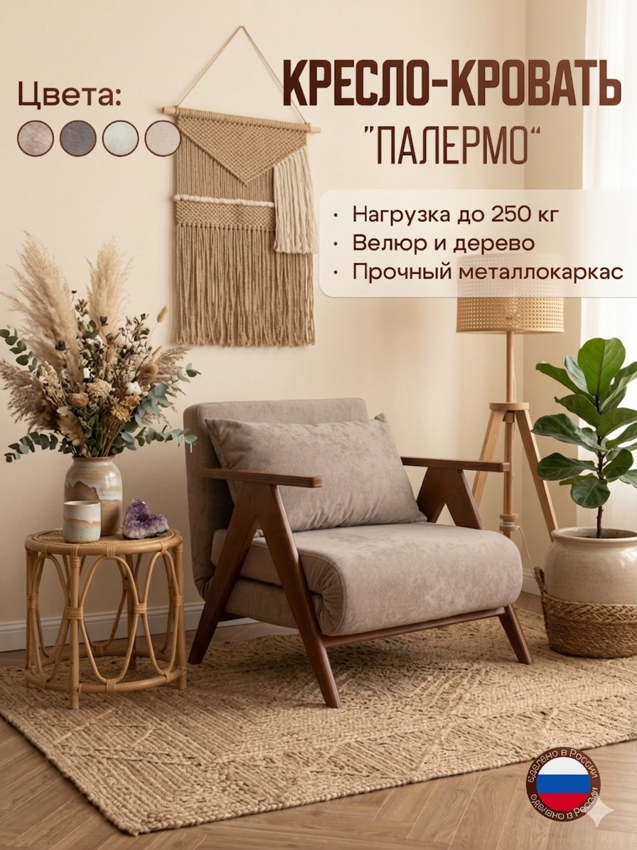 Кресло-кровать ARCA Палермо, коричневое, микровелюр, с подлокотниками, 80x83 см