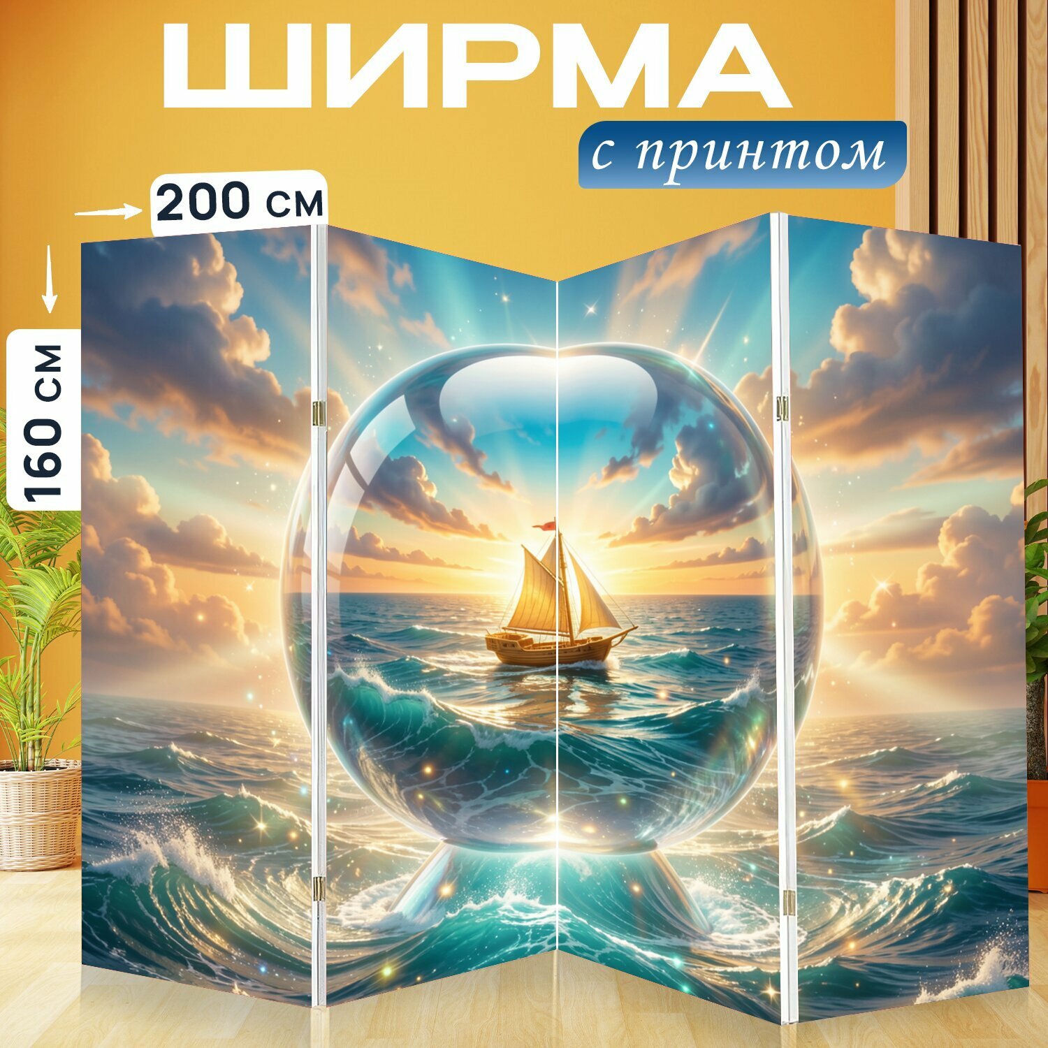 Ширма "Парусник в морском шаре. Фантазийный морской пейзаж с золотистым парусным судном внутри прозрачной." перегородка для зонирования комнаты с принтом 200x160 см. на холсте