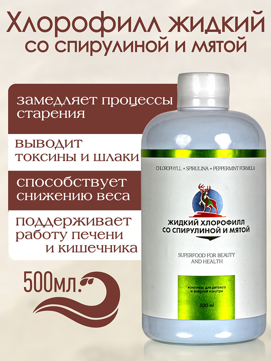 Хлорофилл жидкий со спирулиной и мятой 500 мл мощный антиоксидант и экопротектор