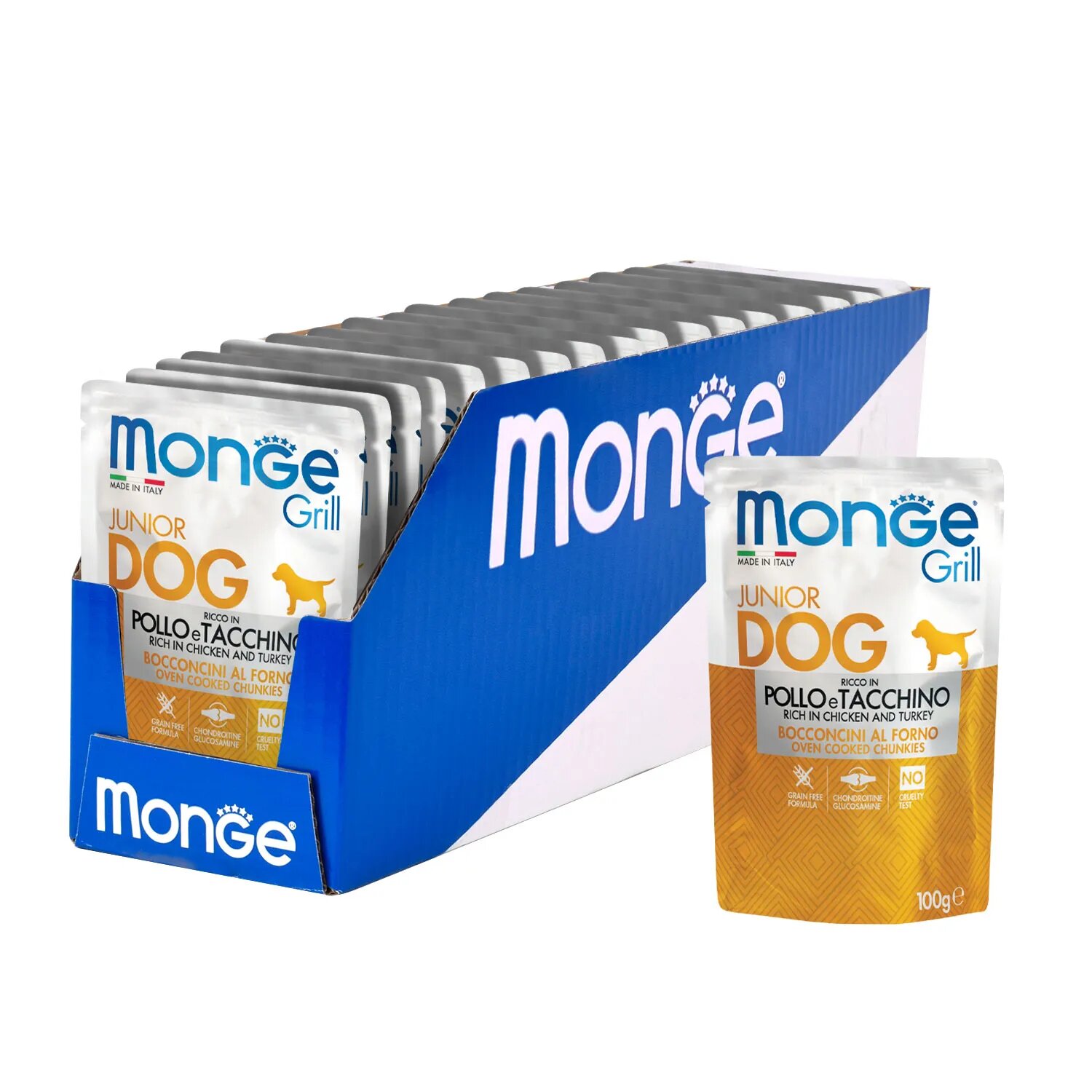 Влажный корм для щенков Monge Dog Grill Puppy&Junior с курицей и индейкой, кусочки в соусе, паучи, 12 шт х 100 гр