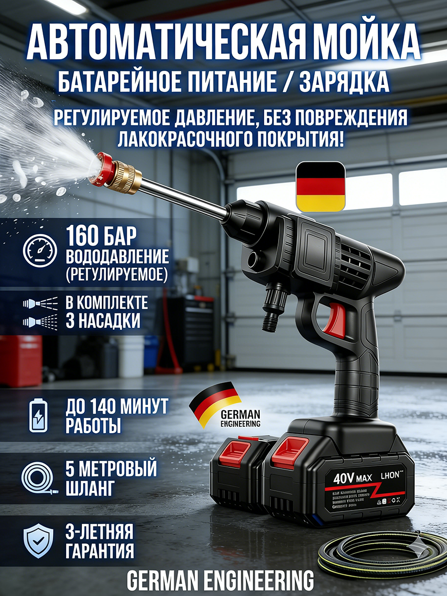 Беспроводная автомойка с пеногенератором, портативная минимойка