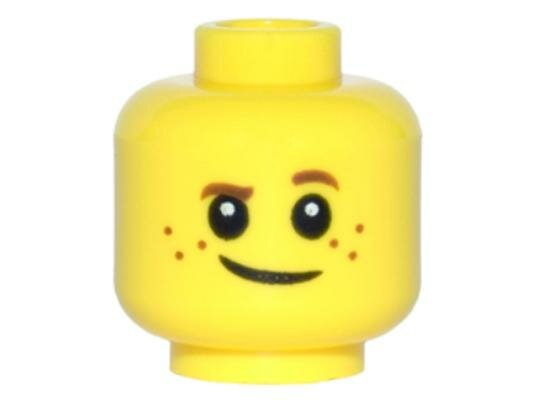 Деталь Lego 3626pb1508 Minifigure, Head Child Brown Eyebrows, Raised Left Eyebrow, Freckles, White Pupils, Crooked Smile Pattern